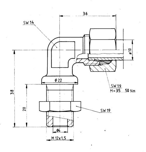 Male stud elbow coupling M12, 90° D10 conv.